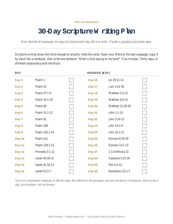 30-Day Scripture Writing Plan (KJV) — Free Printable PDF (KJV) | Bible ...